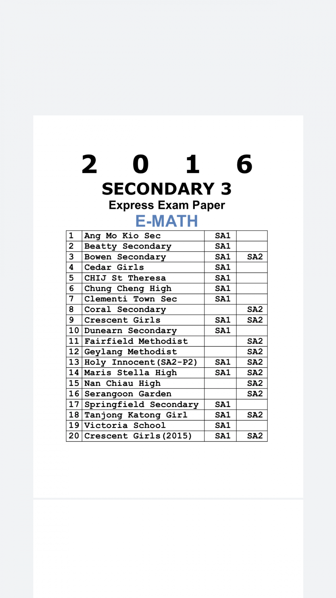 2016 Secondary 3 Express Elementary Mathematics E Maths Past Year 2016-secondary-3-express-elementary-mathematics-e-maths-past-year