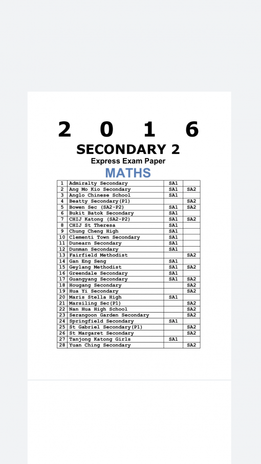 2016 Secondary 2 Express Mathematics Exam Papers + Free 2011-2015 ...