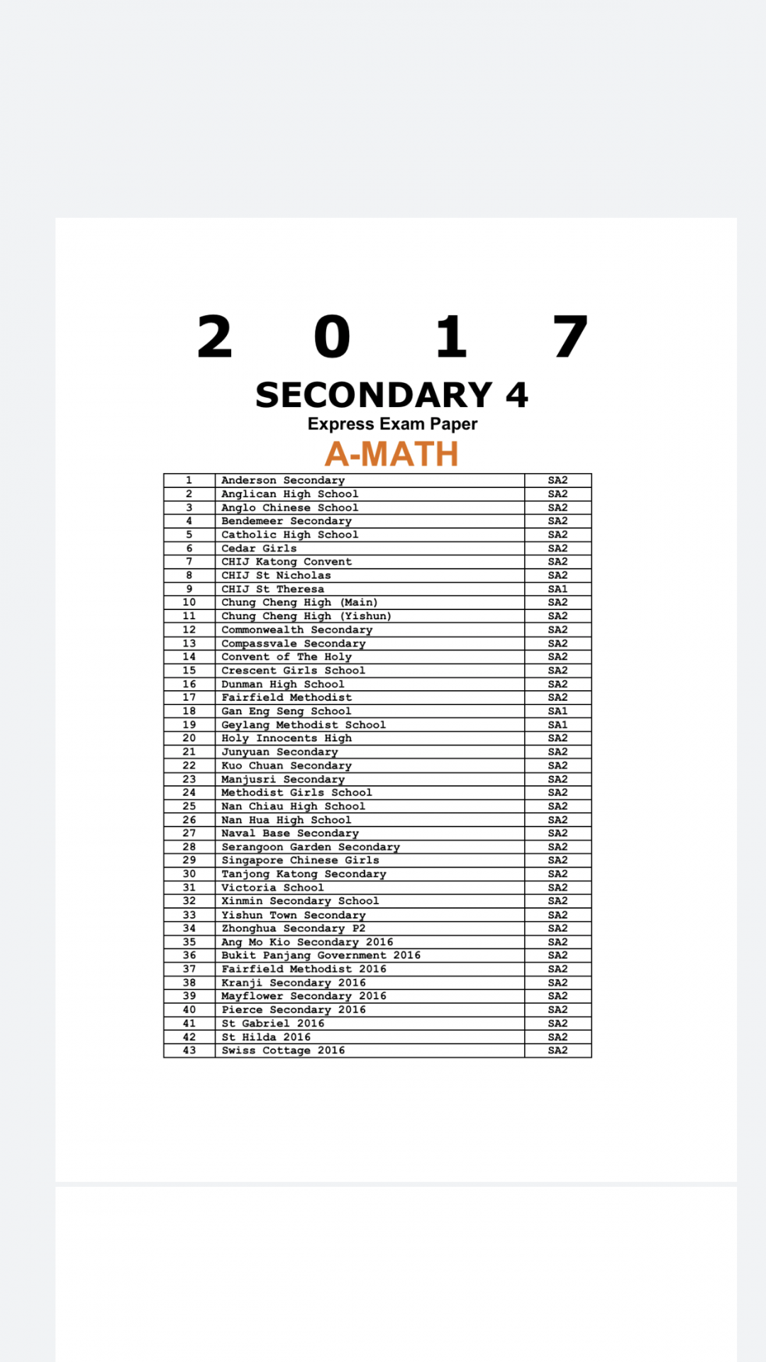 2017 Secondary 4 Express Additional Mathematics “A-Maths” Exam Paper ...