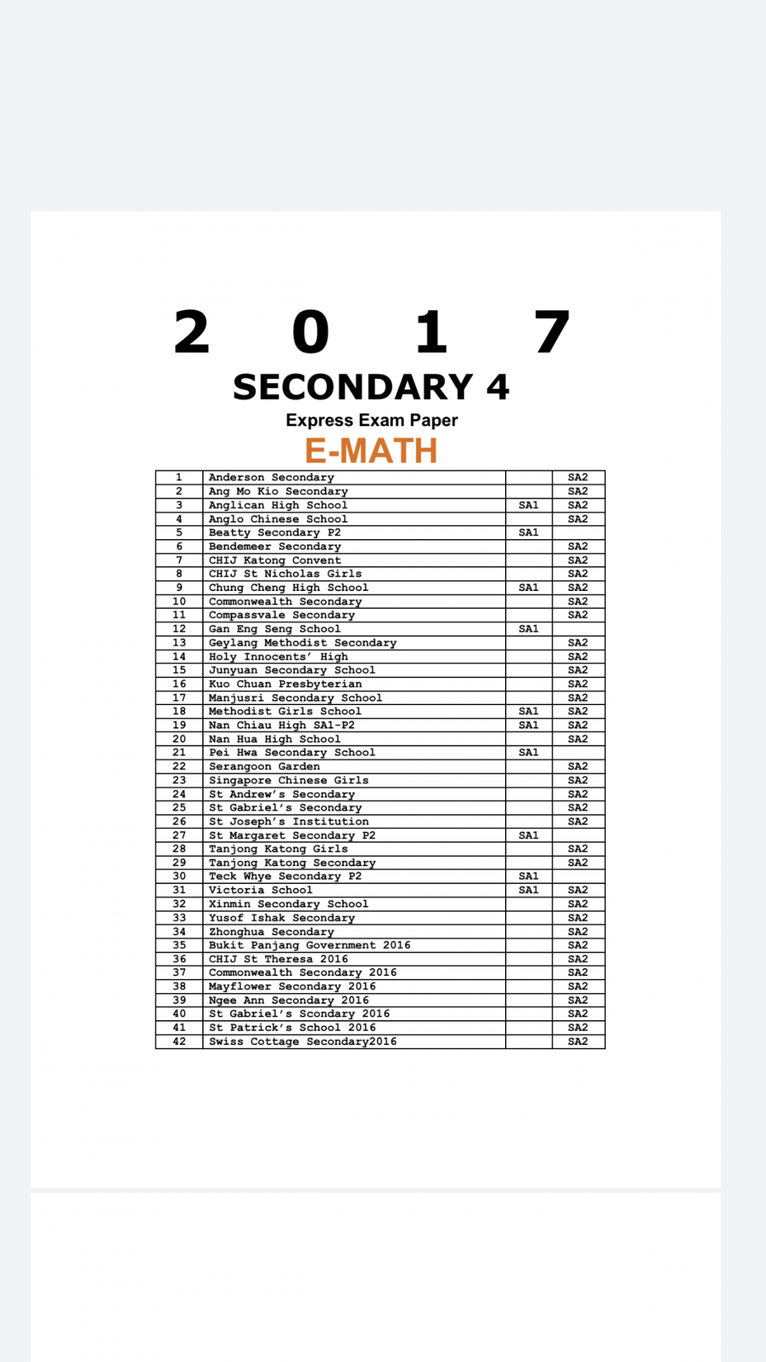 2017 Secondary 4 Express Elementary Mathematics E Maths Prelim Exam 2017 Secondary 4 Express Elementary Mathematics E Maths Prelim Exam