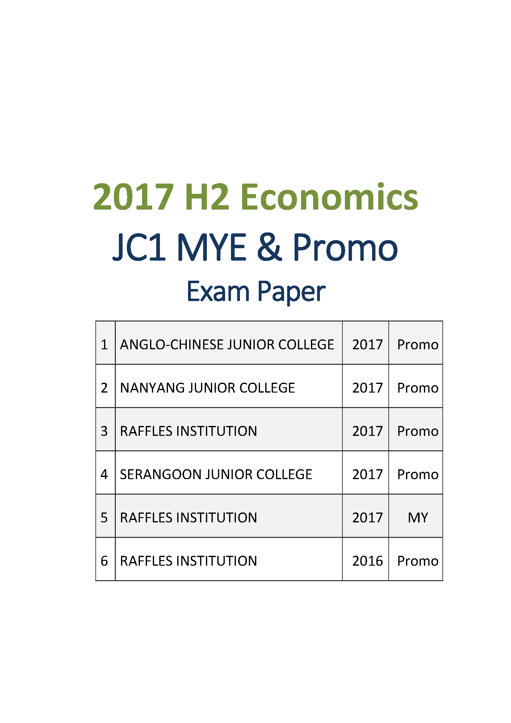 2017 JC1 H2 Economics Mid Year and Promotional Exam Papers (hard copy ...