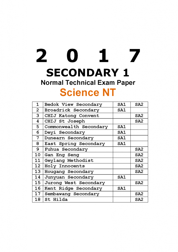 2017 Secondary 1 Normal Technical (NT) Science Exam Paper (hardcopy ...