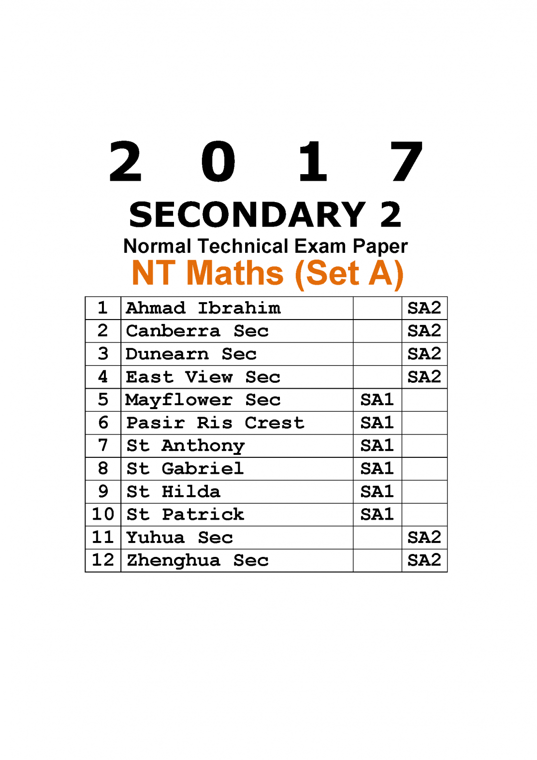 2017 Secondary 2 Normal Technical (NT) Maths Exam Paper (Set A ...