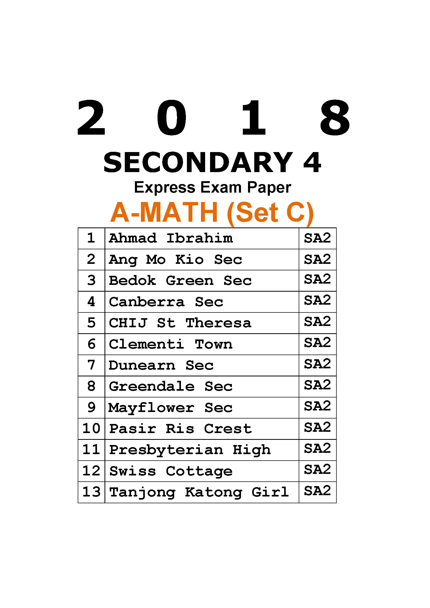 2018 Secondary 4 Express Additional Math Exam Paper (Set C) (soft copy ...