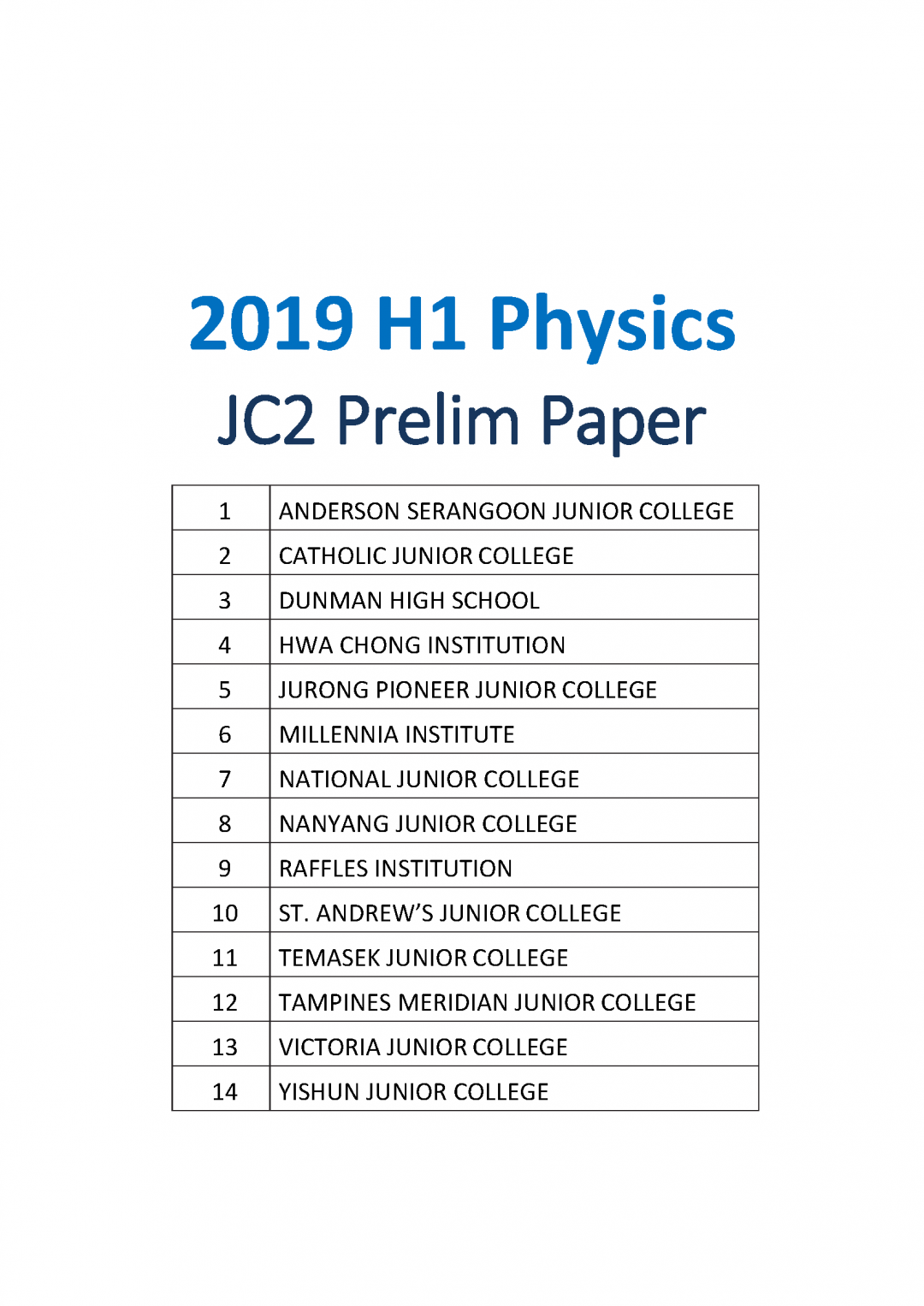 2019 A Level JC2 H1 Physics Prelim Exam Papers (hardcopy) | Kiasu Exampaper