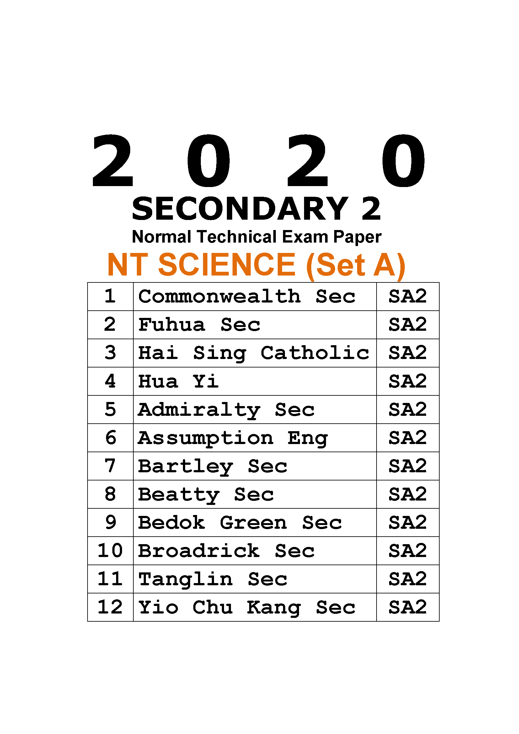 2020 Secondary 2 Normal Technical (NT) Science Exam Paper (Set A ...