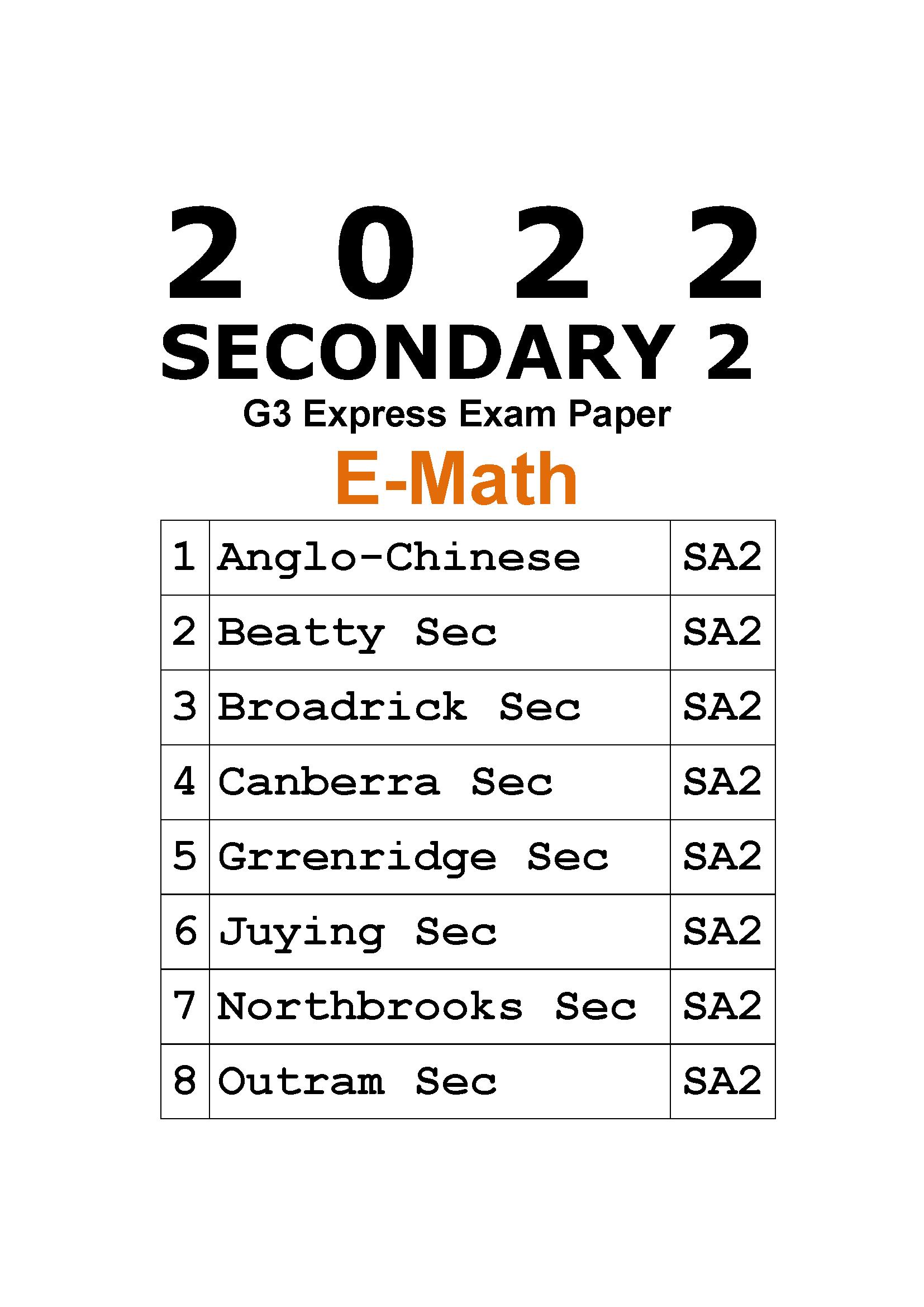 2022 Secondary 2 G3 Express Math (EMath) Exam Paper (hardcopy) | Kiasu ...
